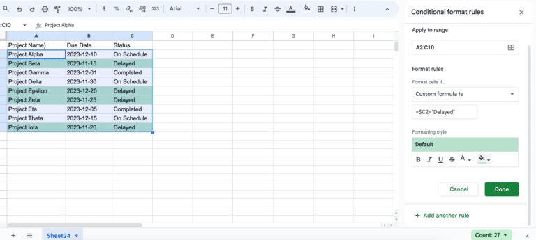 Apply Conditional Formatting to Entire Rows in Google Sheets